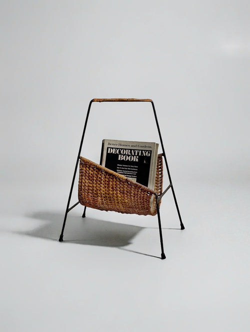 Vintage Rattan and Steel Magazine Rack, Italy 1950s